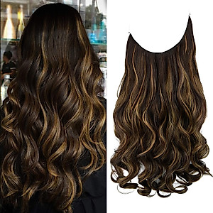 REECHO 20" Invisible Wire Hair Extensions with Transparent Headband Adjustable Size Removable Secure Clips in Curly Wavy Secret Hairpiece for Women - Dark Brown with Caramel Highlights