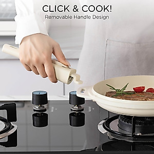 Country Kitchen 6 PC Stackable Pot Set, Nonstick Detachable Handle Cookware, Cookware Set with Removable Handle, Healthy Non Stick RV Cookware (Cream)