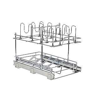 Household Essentials C42617-1 Glidez 2-Tier Pot and Lid Kitchen Cabinet Organizer | 21 in D x 14.1 in W x 16.2 in H | Chrome Wire, Silver