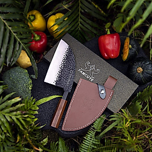 FAMCÜTE 6.5 inch Butcher Knife, 3 Layer 9CR18MOV Clad Steel w/octagon Handle Serbian Meat Cleaver Knife with Leather Knife Sheath