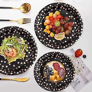 Disposable Paper Plates Round Black and Rose Gold Dots 50 x 7" Plates，Black and Rose Gold Plates Foil Polka Dots Paper Plates Party Supplies for All Occasions 50 PCS