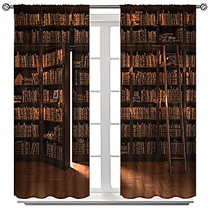 Mysterious Library Curtains, Retro Bookcase with Secret Door, Vintage Bookshelf Bookcase Print Thermal Insulation Rod Pocket Blackout Window Drapes for Living Room Bedroom 42x45 Inch