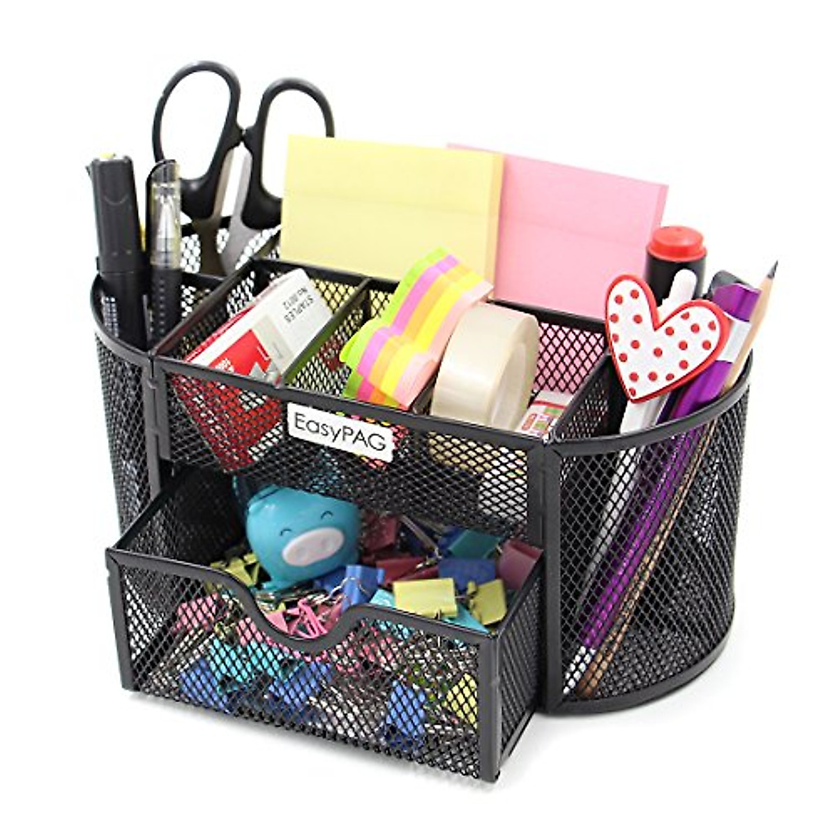 EasyPAG Desk Organizer Mesh Desktop Office Supplies Multi-functional Caddy Pen Holder Stationery with 8 Compartments and 1 Drawer,Black