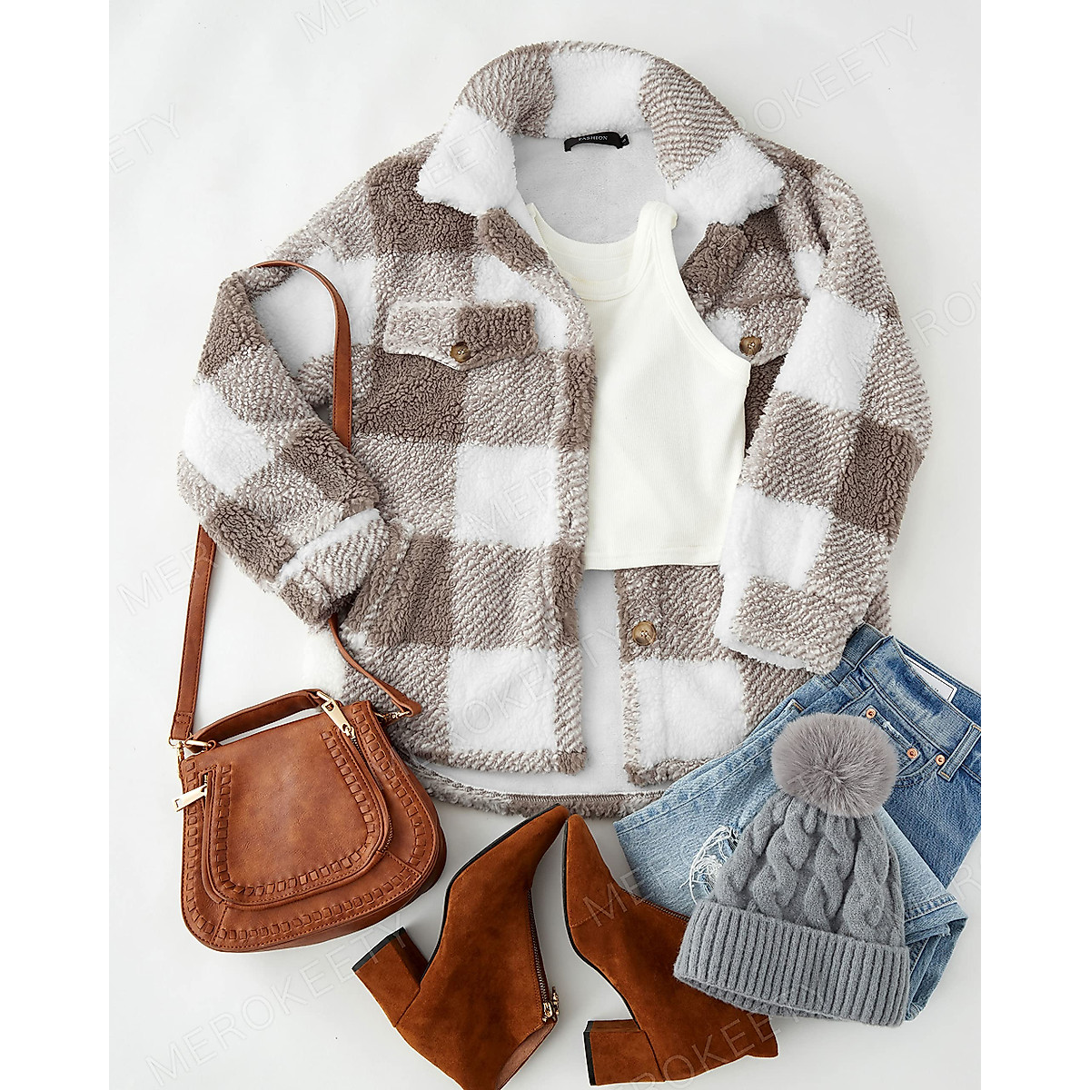 MEROKEETY Womens Plaid Long Sleeve Button Down Fleece Shacket Jackets Sherpa Teddy Coat with Pockets, Khaki, S