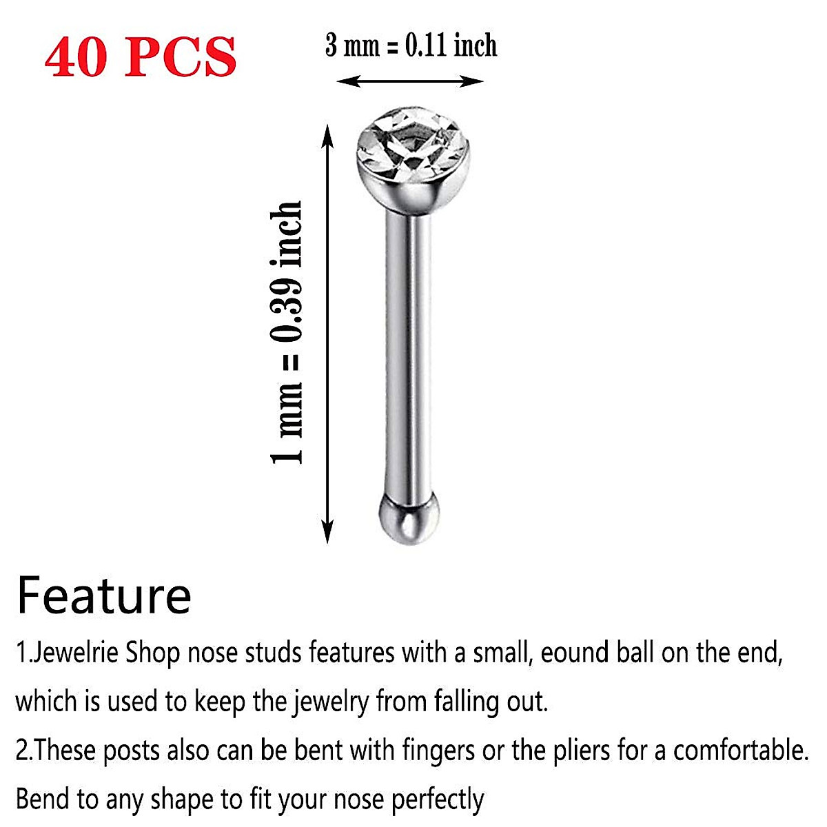 SLVIEKAE 40Pcs Nose Ring Hoop Nose Stud Piercing Hoop Cartilage Tragus Ear Piercing SetNose Studs CZ Hoop Tragus Cartilage Nose Ring Nose Piercing Jewelry (White)