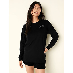 Victoria's Secret Pink Cotton Long Sleeve Campus T Shirt, Women's T Shirt, Pure Black, XL