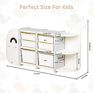 duke baby Kids Small 3 Layer Toy Storage Organizer with 6 Pull-out Storage Bins, Display Bookshelves, Multipurpose Toy Cabinets for Kids Playrooms Bedrooms Age 1-12, Whale Collection White Grey