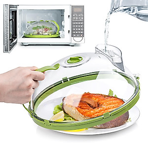 Gracenal Microwave Cover for Food, Clear Microwave Splatter Cover with Water Steamer and Handle, 10 Inch Plate Covers, Kitchen Gadgets and Accessories, House Essentials for Gifts, Green