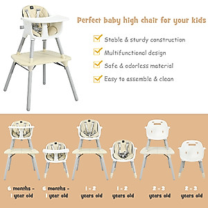 BABY JOY High Chair, 5 in 1 Convertible Highchair for Babies & Toddlers | Booster Seat | Table and Chair Set | Infant Feeding Chair with Removable Tray, Safety Harness, Removable Cushion (Beige)