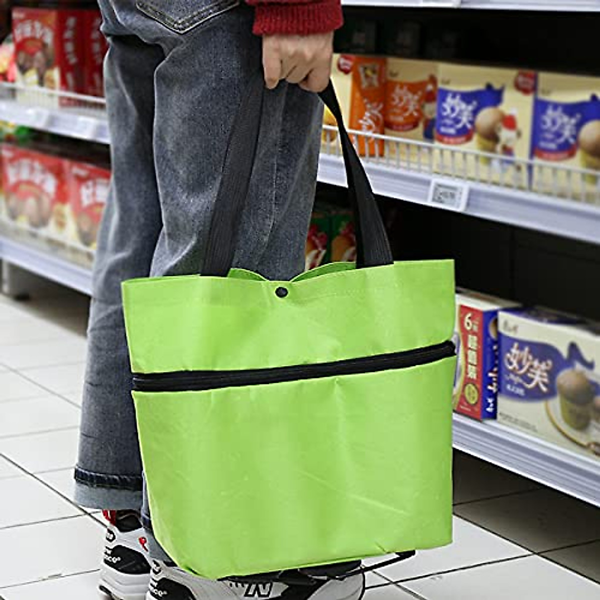 JIEOU Folding Shopping Bag With Wheels, Waterproof Grocery Carts, Reusable Portable Trolley Bags for Shopping Fruits(green)