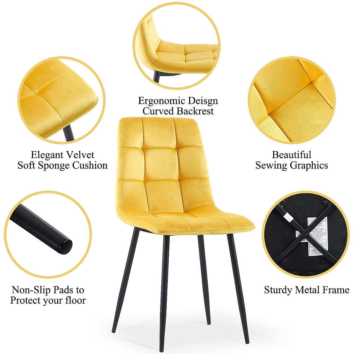 NORDICANA Yellow Velvet Dinner Chairs Set of 4, Modern Armless Biscuit Tufted Dining Side Chairs with Metal Legs for Kitchen Living Room Vanity