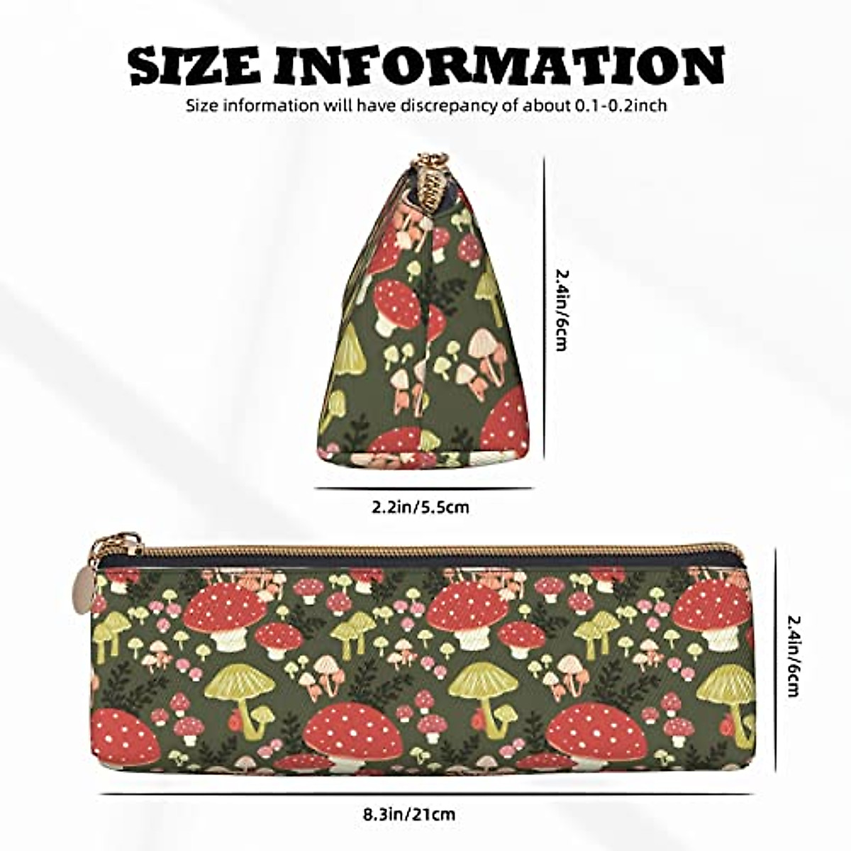 Ykklima Mushrooms Pattern Leather Pencil Case Zipper Pen Makeup Cosmetic Holder Pouch Stationery Bag for School, Work, Office