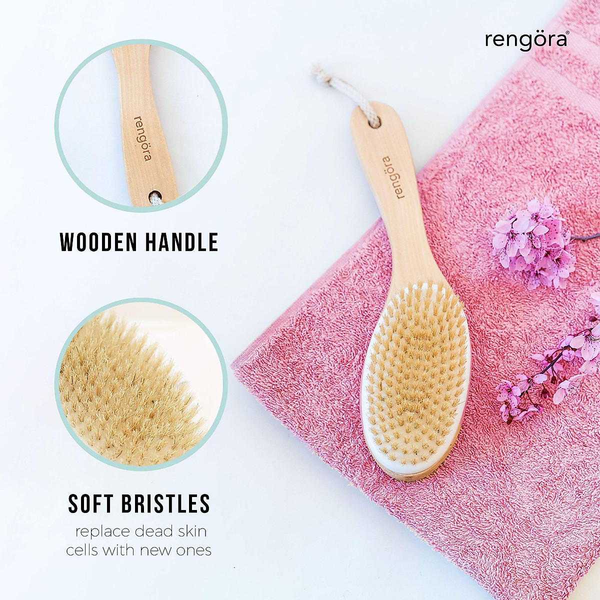 Exfoliating Back Scrubber for Shower, Dual-Use Body Scrubber for Wet/Dry Exfoliation, Dry Brushing Body Brush for Lymphatic Drainage, Natural Boar Bristles, Ergonomic Handle Cellulite Brush by rengöra