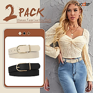 SUOSDEY 2 Pack Womens Fashion Leather Belts for Jeans Dresses Pants Black Brown Beige Ladies Belts with Gold Buckle