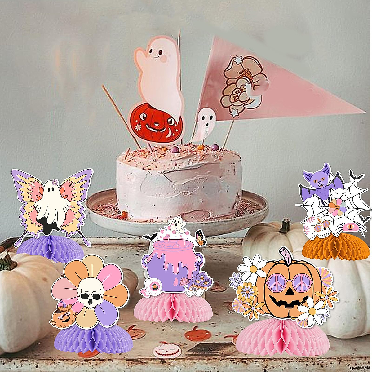 kreat4joy 8pcs Groovy Halloween Honeycomb Centerpieces, Halloween Baby Shower Birthday Decorations Honeycomb Centerpieces Double Sided Printing for Spooky One Two Spooky Four Ever Spooky Party