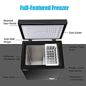 Chest Freezer Small Freezer Black Deep Freezers 3.5 Cu.Ft Compact Freezer Free-Standing Top Door Freezer Adjustable 7 Thermostat and Removable Basket Open Deep Freezer Energy Saving Apartment Kitchen