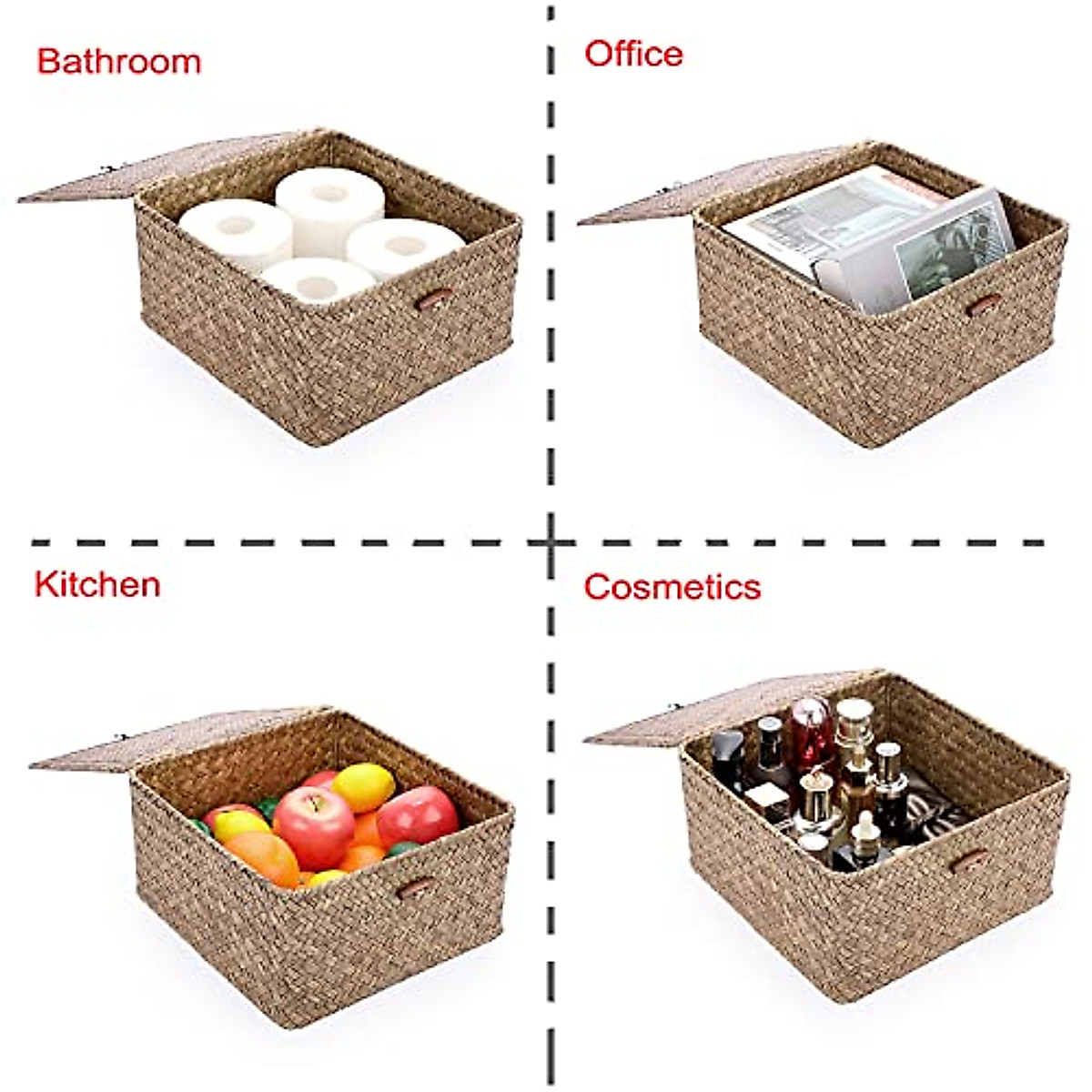 Hipiwe Wicker Shelf Baskets Bins with Lid Handwoven Storage Baskets Boxes Natural Seagrass Basket Box Home Decorative Household Organizer Bins Boxes for Shelf Organizing,Set of 3