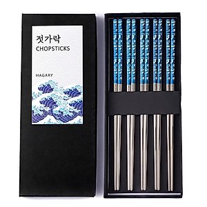Hagary Blue Wave Chopsticks 5 Pairs Metal Chopsticks Reusable Designed In Korea Japanese Style Stainless Steel 316 18/10 Non-Slip Dishwasher Safe Laser Engraved
