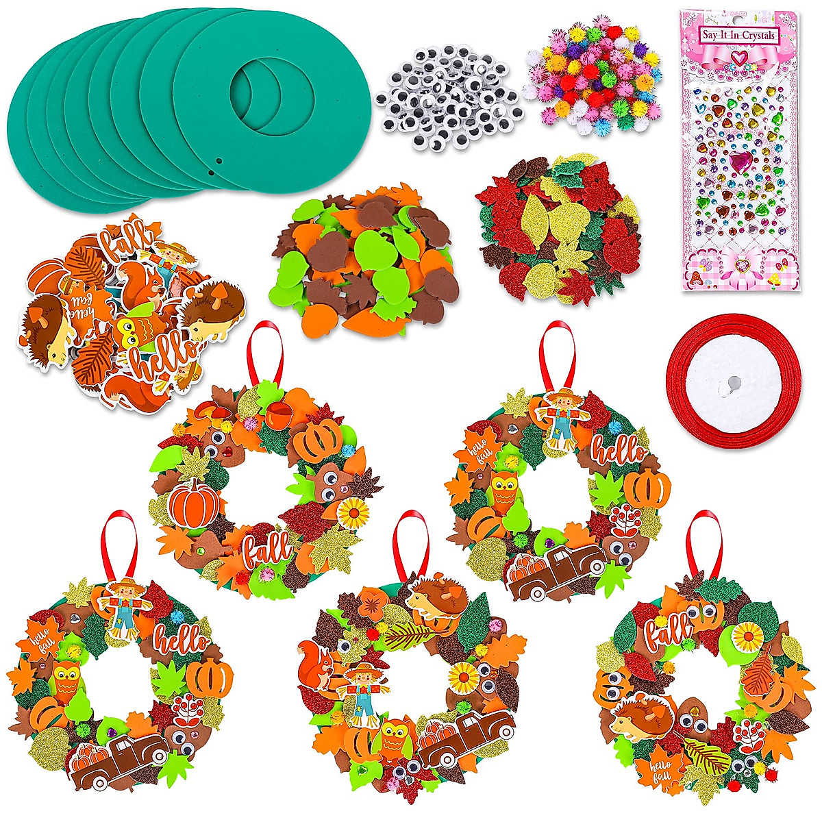 Whaline 12 Kits Fall Leaf Wreath Craft Kits Glitter Thanksgiving 3D Foam Wreath Signs with Maple Leaves Pumpkin Wiggle Eyes for Kids DIY Crafts Fall Thanksgiving Party Decor