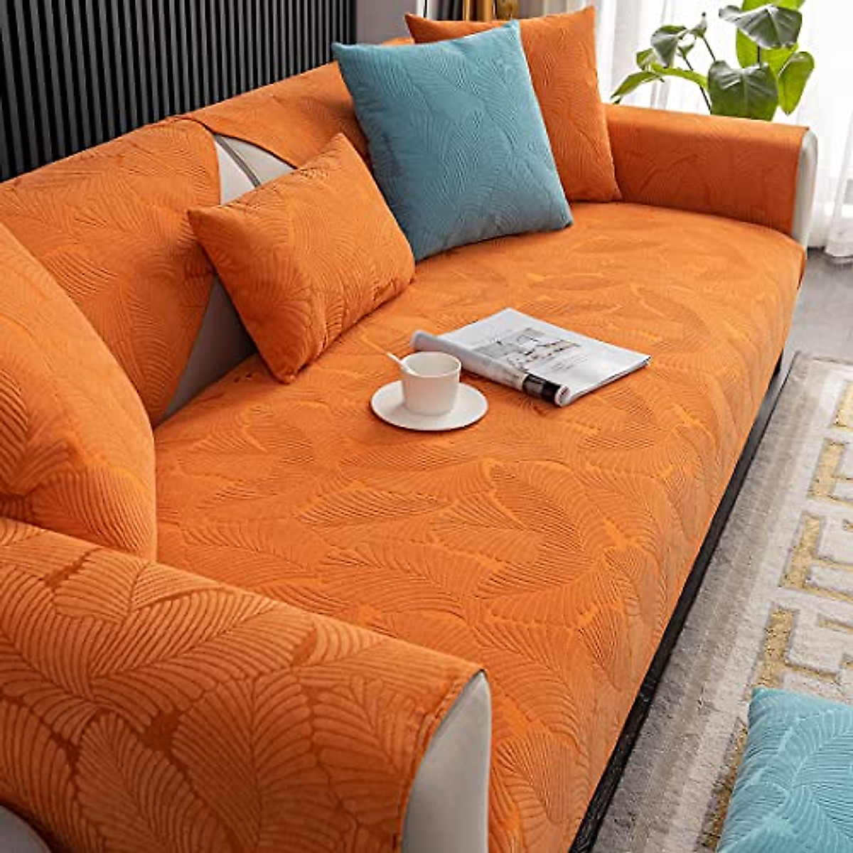 Tufted Chenille Sofa Couch Covers Palm Leaf Sectional Couch Covers Sofa Slipcover for Dogs Cats Pet Love Seat Recliner Leather L Shaped,Armrest Backrest Cover(Orange,43"x94")