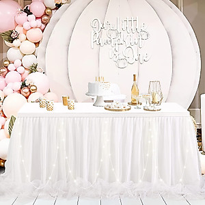 Tulle Table Skirt for Rectangle or Round Tables with LED Lights 9ft White Tutu Table Skirt for Wedding Bridal Shower Birthday Party Decorations