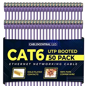 Cable Central LLC Cat 6 Ethernet Cable 15 Feet (50 Pack) Purple - UTP Booted - High Speed Internet Patch Cord with RJ45 Connector, 15 Ft Computer Network Cable