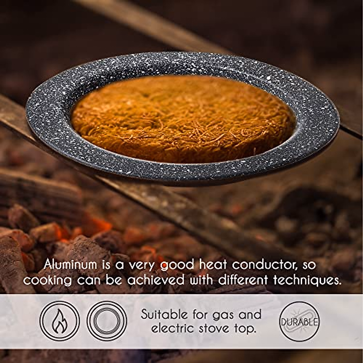 Kunefe Plate, Cooking and Serving Plates for Traditional Turkish Kunafa, Kadaifi, Kunafeh and Shredded Phyllo Kadayif Dough, Non-Stick Granite Dinnerware Tray, Dessert Plate Set of 3 (Small)