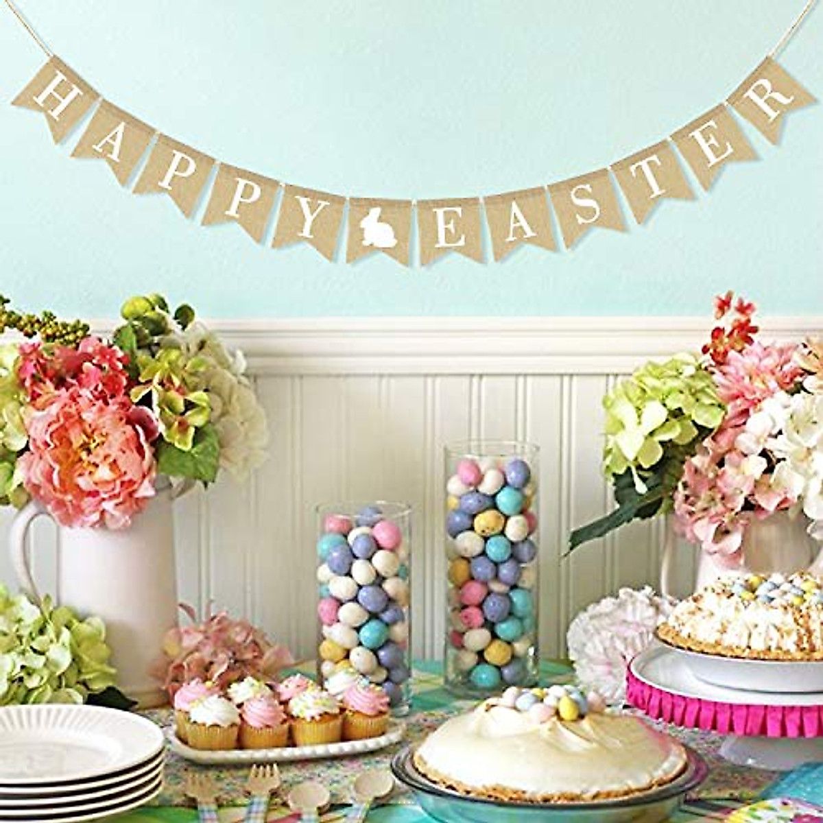 Burlap Happy Easter Banner | Rustic Easter Celebration Decorations | Happy Easter Bunting Garland with Rabbit Bunny Sign | Easter Party Decor Photo Props