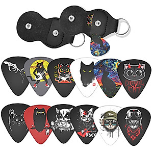 Cool Guitar Picks 12 Medium Pack with Leather Picks Holder,Unique Artistic Personalized Guitar Pick Punch for Electric Guitar Bass Acoustic Guitar Lovers Gift (Cat Medium)