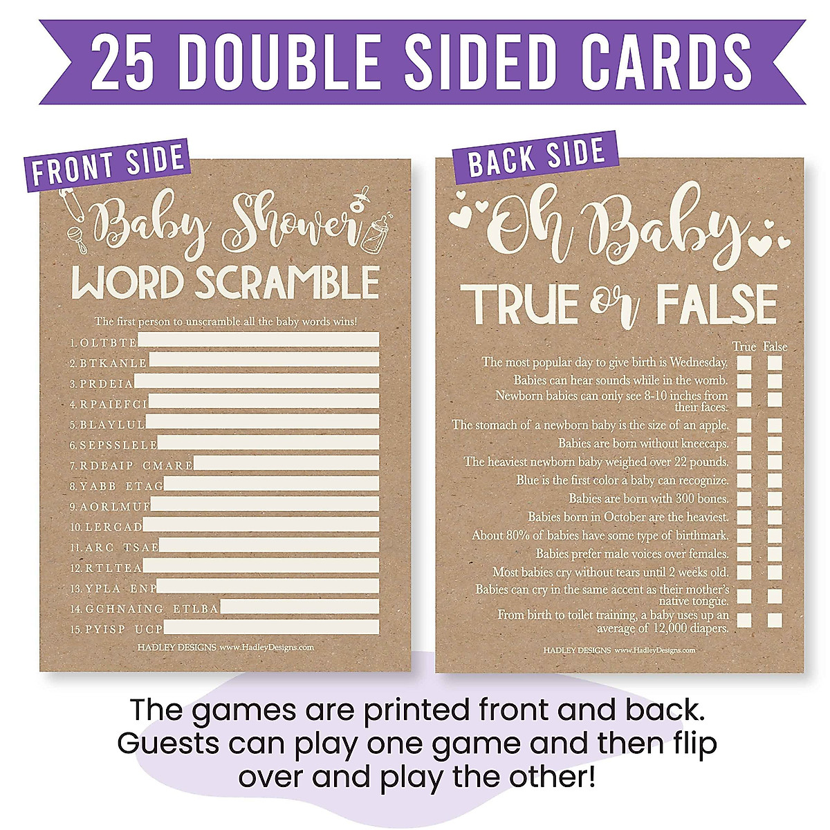 25 Rustic Word Scramble For Baby Shower, 25 True Or False Game, 25 Baby Animal Matching, 25 Nursery Rhyme Game - 4 Double Sided Cards Baby Shower Ideas, Baby Shower Party Supplies