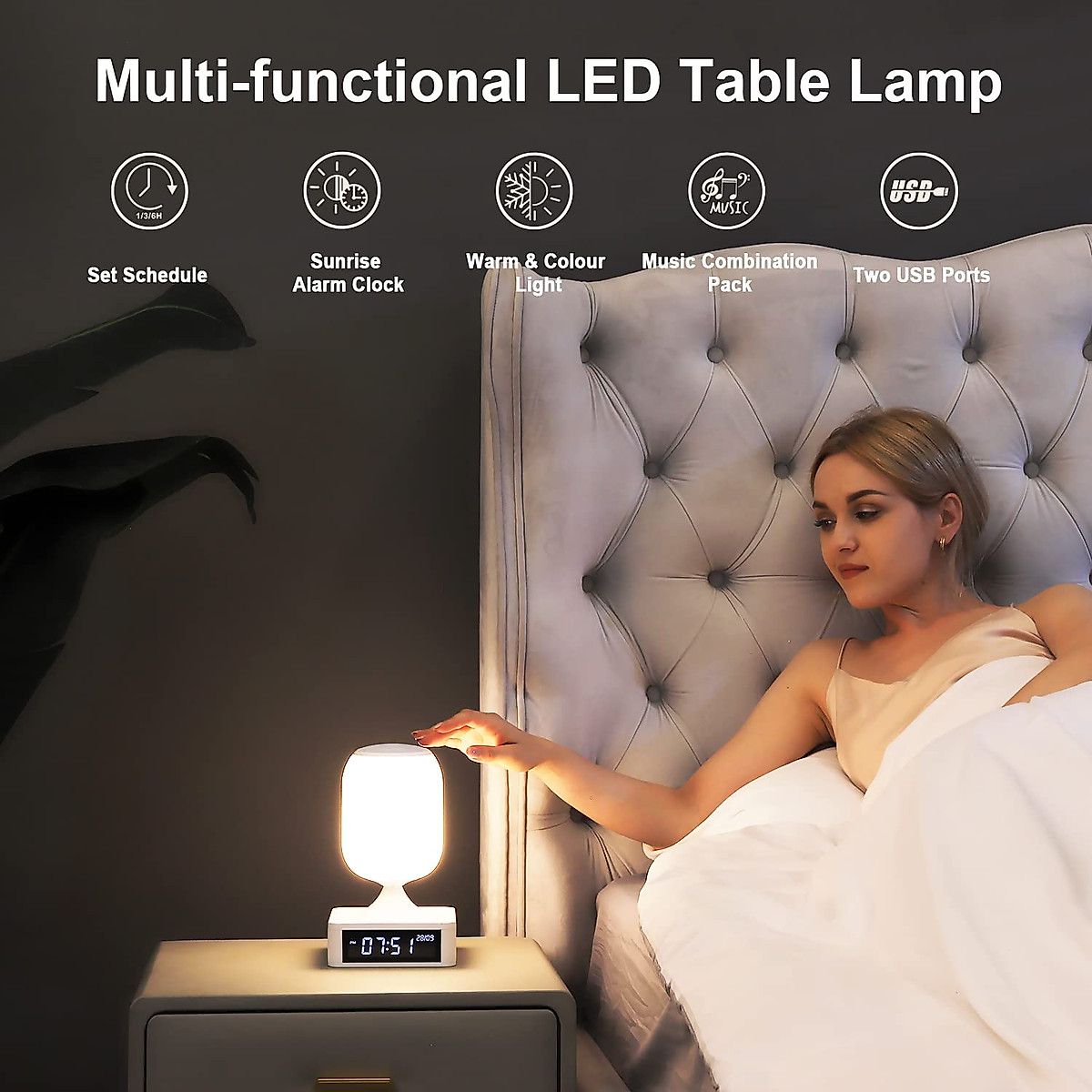 IVwarm Sleep Sound Machine Wake un Light,Smart Alarm Clock Sound Machine, Touch Control Nightstand Reading Light,APP Control Easy Setting Light with Dimmable Display and USB Charging Station