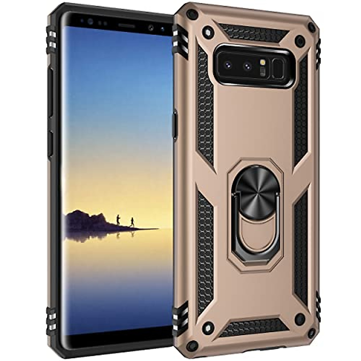 Dishibei Military Grade Drop Impact for Samsung Galaxy Note 8 Case 360 Metal Rotating Ring Kickstand Holder Built-in Magnetic Car Mount Armor Shockproof Case for Galaxy Note 8 Protection Case (Gold)