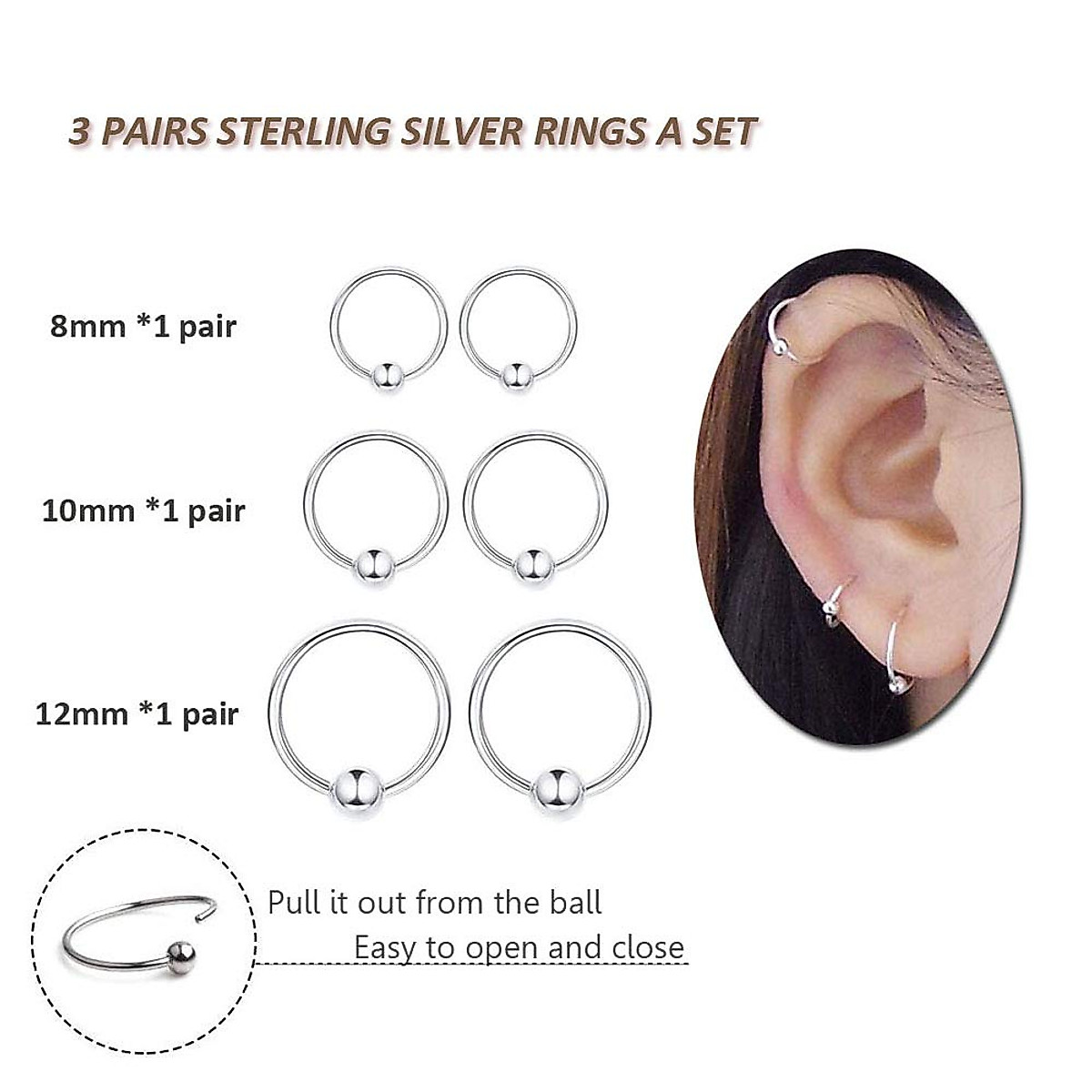 3 Pairs Sterling Silver Small Hoop Earrings Set 14K White Gold Plated Ball Bead Hoop Cartilage Earrings Helix Tragus Lip Nose Body Piercing for Women Men, 8mm 10mm 12mm