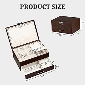 BareTulip Jewelry Box for Men 2 Layer Jewelry Organizer with 1 Drawer for Storage Display Rings Necklaces Earrings and Watch Brown