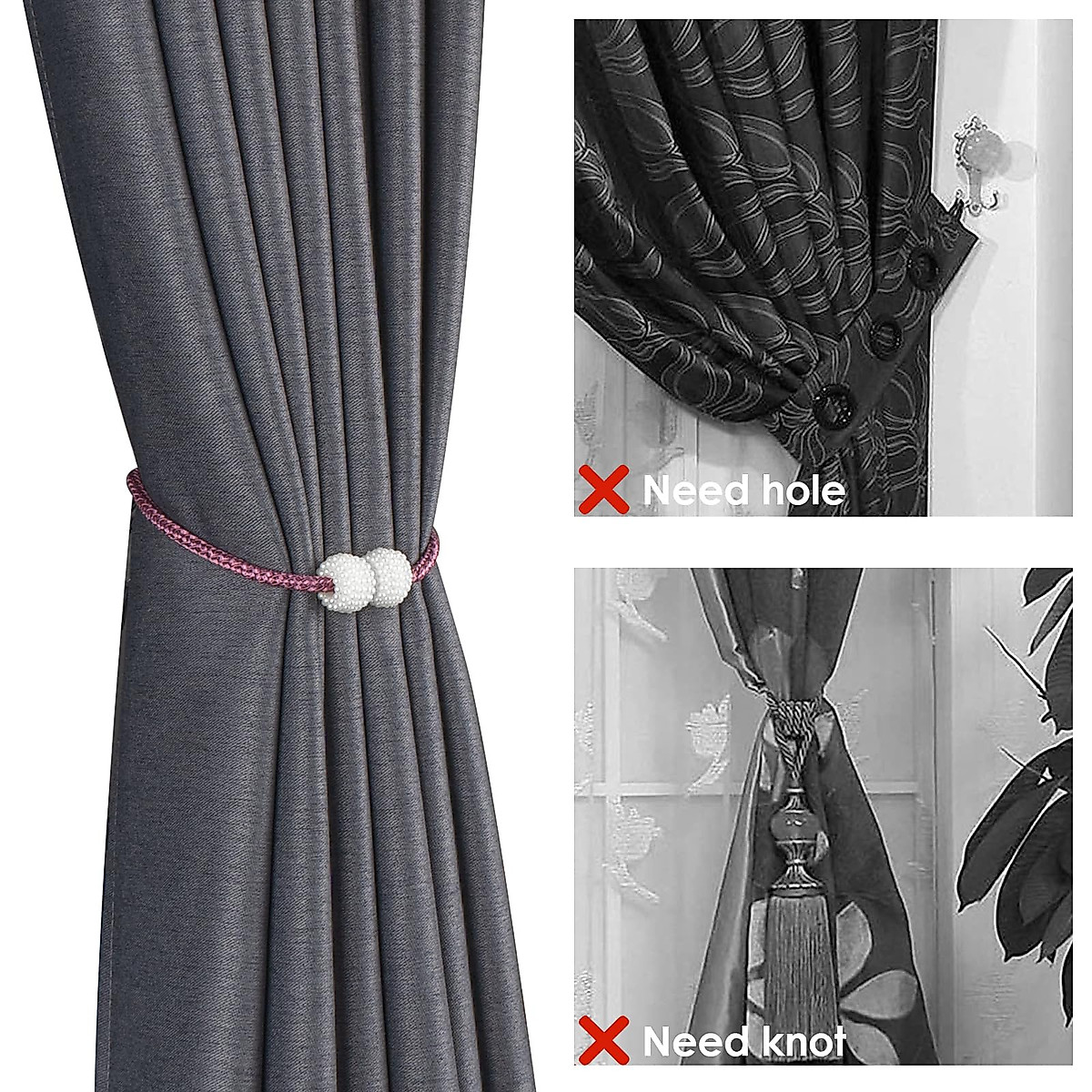 SHIDOW Curtain Tiebacks, Magnetic Curtain Ties, Pearl Curtain Tie, Curtain Tieback Buckle, for Living Rooms, Bedrooms, Kitchens, Restaurants, Bathrooms, Homes, and Offices（6 Pack (Purple)