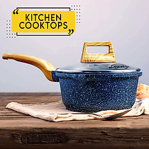 1.7 Quart Sauce Pan with Glass Lid, Nonstick Saucepan, Soup Pot with Granite Coating & Wooden Spoons For Cooking