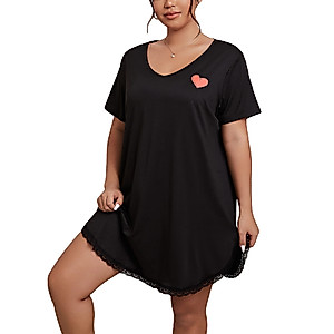 Floerns Women's Plus Size V Neck Short Sleeve Lace Trim Nightdress Sleepwear Black 3XL
