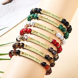 Sureio 8 pcs Christian Bracelets Bible Verse Jewelry Religious Gift for Women Men Prayer Beaded Bracelet Inspirational Cuff Natural Tiger Eye Lava Stone Stretch Strand Bangle