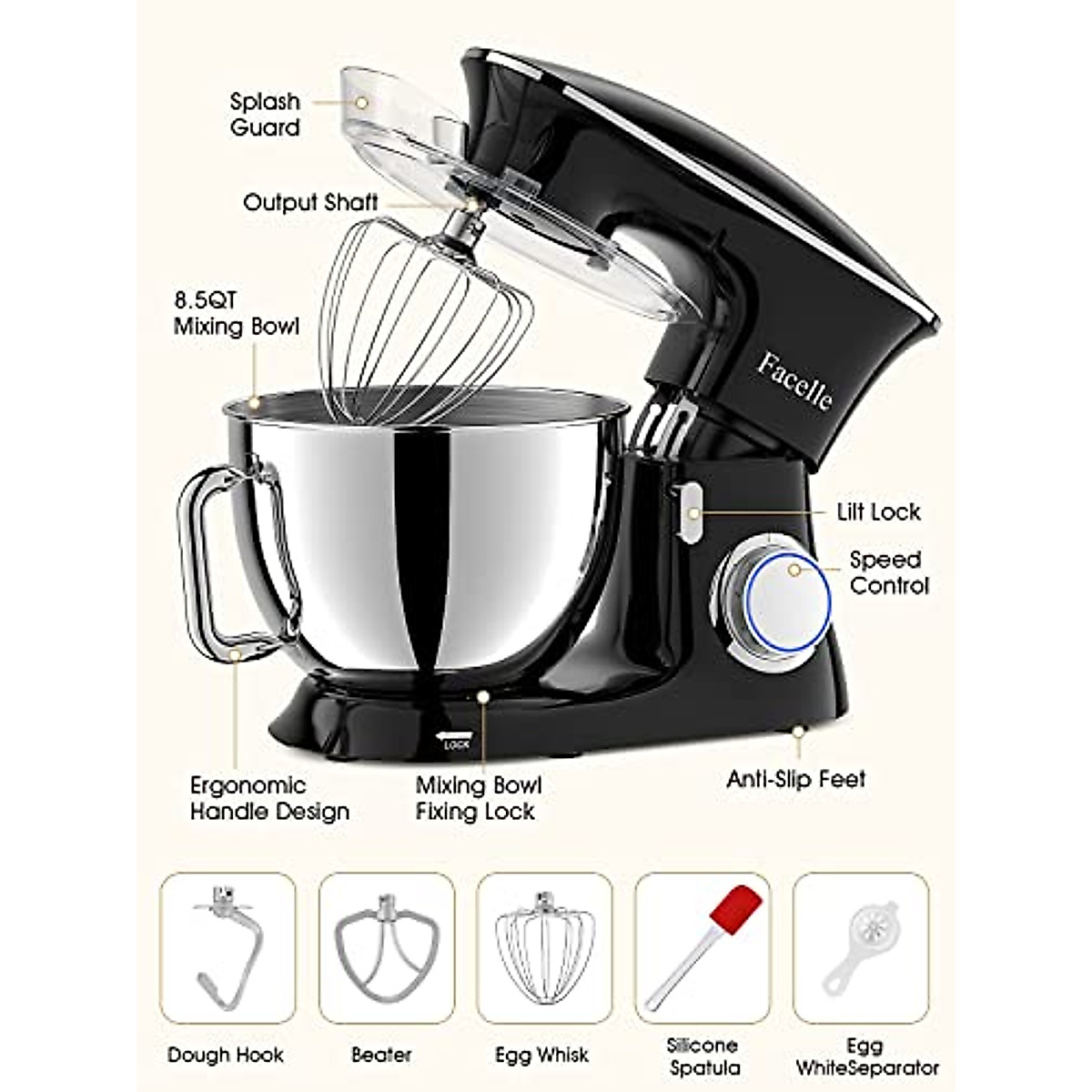 Facelle Stand Mixer, 8.5 Quart Electric Mixer, 660W 6-Speed Tilt-Head Kitchen Electric Food Mixer with Beater, Dough Hook and Wire Whip, Black
