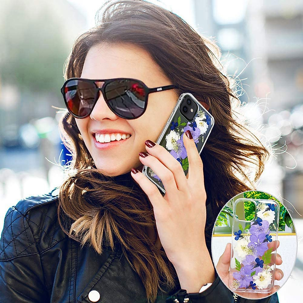 Abbery Designed for iPhone 12 Mini Case Pressed Flower Cute Clear with Design Soft Silicon TPU Rubber Dired Real Flroal Girl Woman Aesthetic Case for iPhone 12 Mini (Navy Flower)