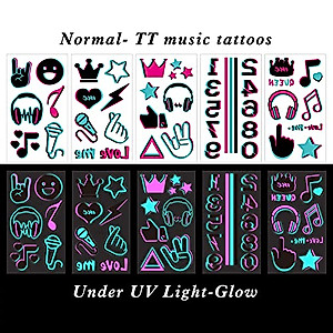 Konsait 10 Sheets Glow In The Dark Tattoos for Kids Adults, Safe and Easy to Use Neon Temporary Music Tattoos, Music Notes UV Blacklight Tattoos, Glow In The Dark Party Makeup Supplies Party Favors