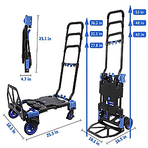 Kweetle 2 in 1 Folding Hand Truck Heavy Duty 330LB Load Carrying Convertible Dolly Cart with Retractable Handle and 4 Rubber Wheels for Luggage Personal Travel Mobile Office (Only Hand Truck)