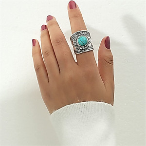 Dtja Vintage Boho Turquoise Wide Statement Ring for Women Girls Oxidized Silver Plated Big Open Band Wrap Adjustable Expandable Finger Rings Comfort Fit Fashion Bohemian Ethnic Exaggerated Jewelry