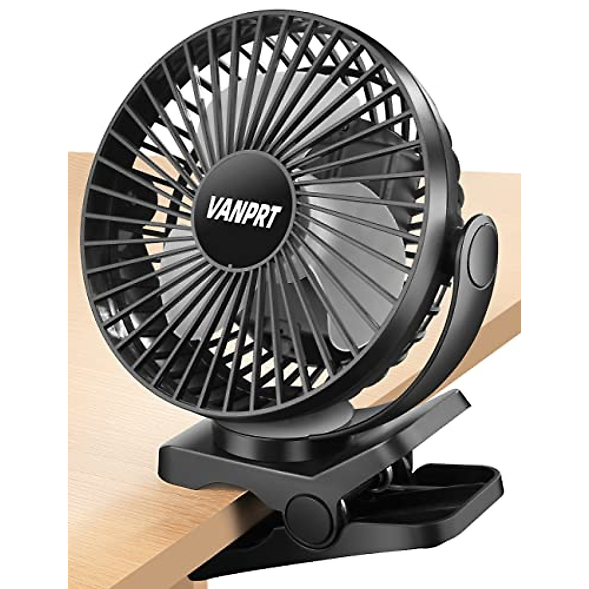 VANPRT 5000mah Clip on Fan, 6'' Portable Rechargeable Battery Fan, 7-30 Working Hours, 3 Speeds Strong Airflow, 720° Rotation, Quiet, Strong Clamp for Desk/Office/Golf/Car/Gym/Treadmill - Black