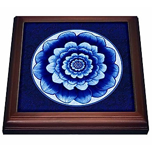 3dRose Pastel Blue & Cobalt Fantasy Mandala Flower on Royal Blue Background Trivet with Ceramic Tile, 8 by 8", Brown