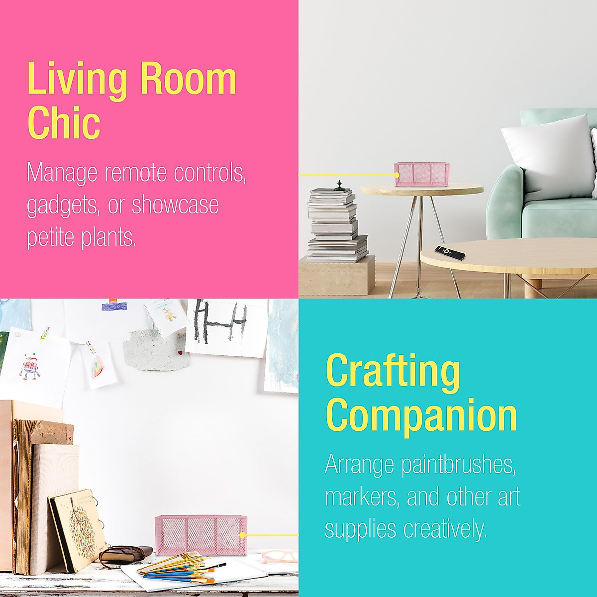 Jolly Desk Duo Pack Mesh Metal Pen Pencil Holder With 3 Rectangular Compartments in Black and Pink Organization for Your Desk Office Classroom Home