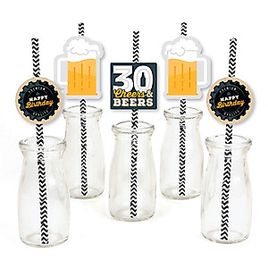 Big Dot of Happiness Cheers and Beers to 30 Years - Paper Straw Decor - 30th Birthday Party Striped Decorative Straws - Set of 24