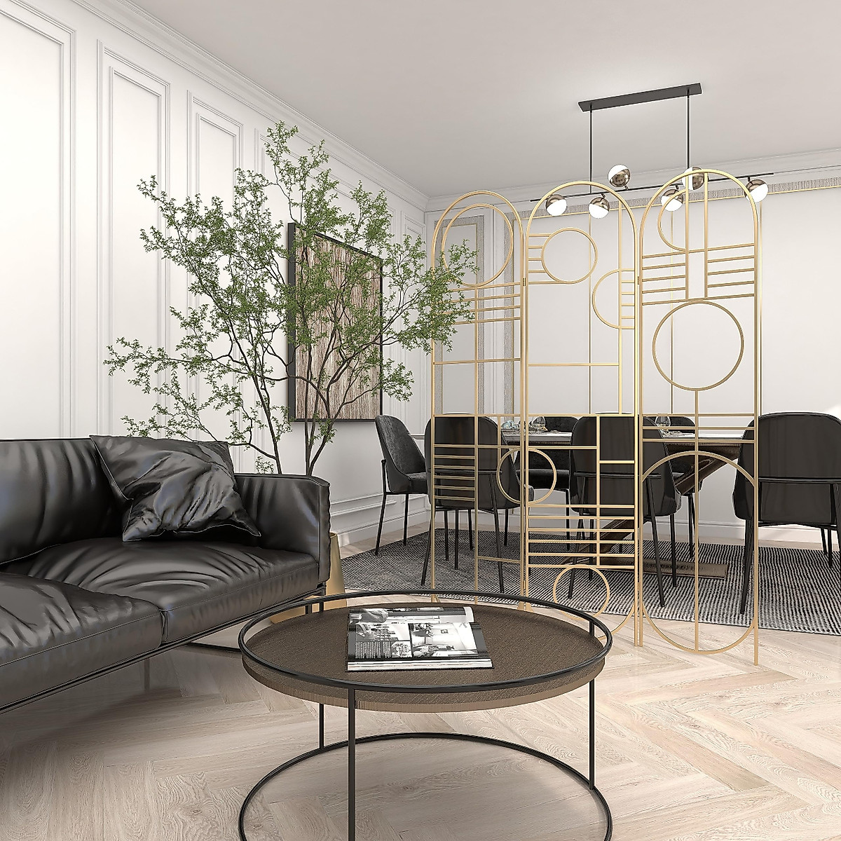 Deco 79 Metal Geometric Partition Room Divider Screen Hinged Foldable Arched Partition 3 Panel Privacy Screen, Room Partition 50" x 1" x 69", Gold