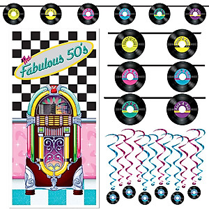 1950's Oldies Theme Sock Hop Birthday Party Supplies Decorations Records Banner Door Cover Soda Shop Whirls Set Kit Bundle