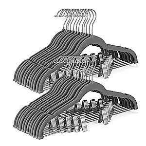 HOUSE DAY Velvet Skirt Hangers 24 Packs Velvet Hangers with Clips Ultra Thin Non Slip Velvet Pants Hangers Space Saving Clothes Hangers for Skirts, Pant, Jeans (Light Grey)